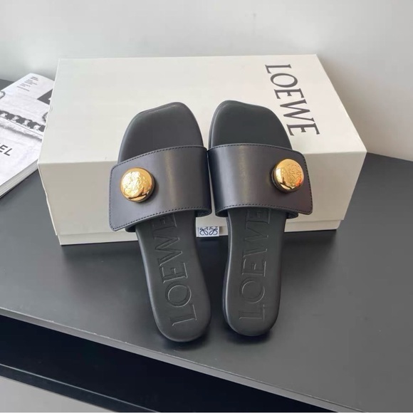 Loewe | Shoes | Loewe Black Slides With Gold Embellishments | Poshmark